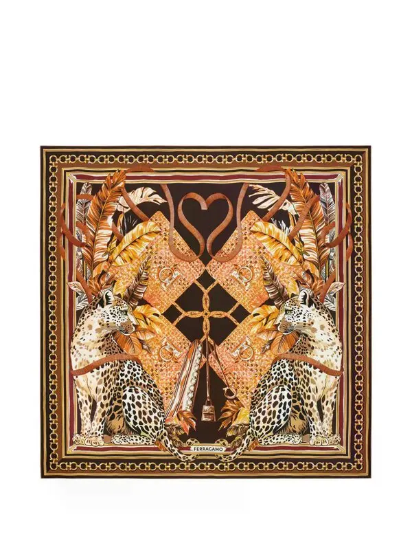 FERRAGAMO Poised Leopards Print Silk Scarf - Brown