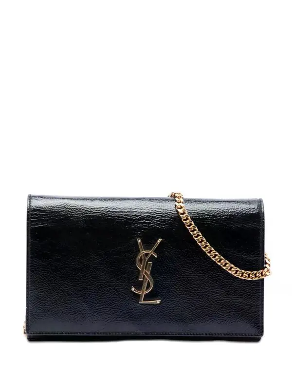 Saint Laurent Textured Patent Monogram Wallet On Chain - Black