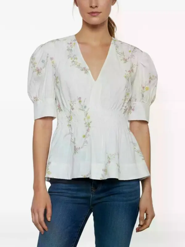 GANNI Floral Print Peplum Top With Puff Sleeves - White