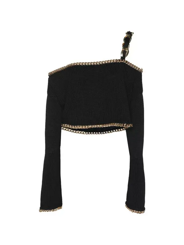 Balmain Rib Knit Off-shoulder Cropped Top With Gold-tone Chain Trim