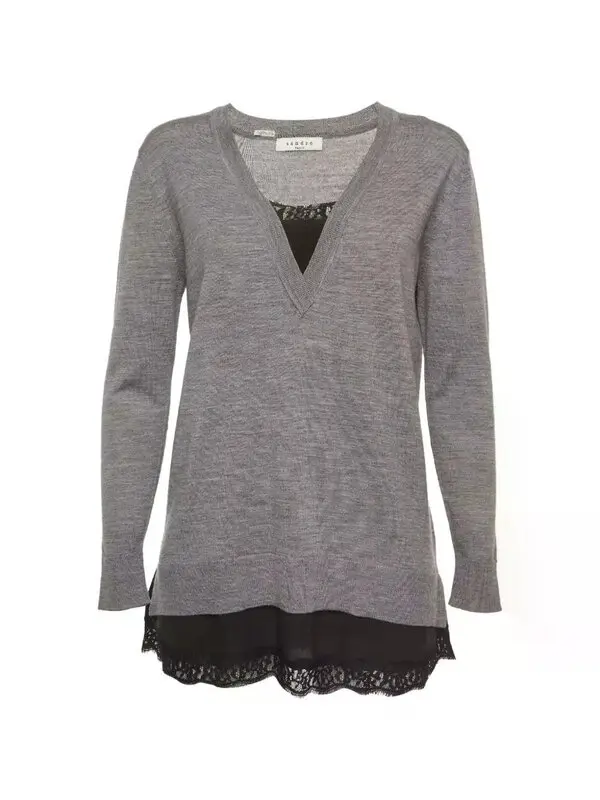 Sandro Fine Knit Lace Trim V-neck Sweater