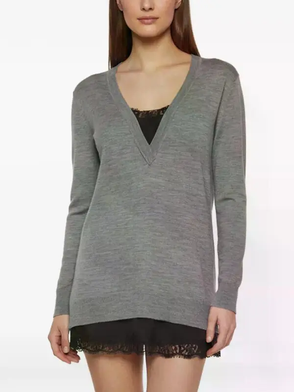 Sandro Fine Knit Lace Trim V-neck Sweater