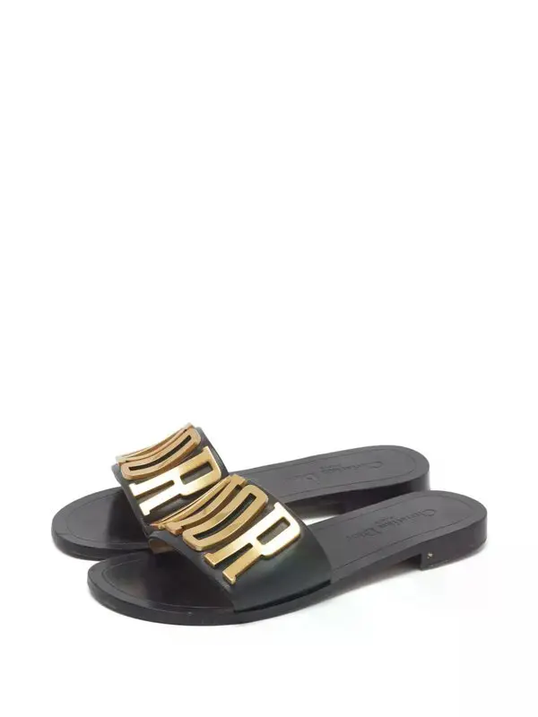 Dior Leather Gold-tone Logo Plaque Flat Sandals