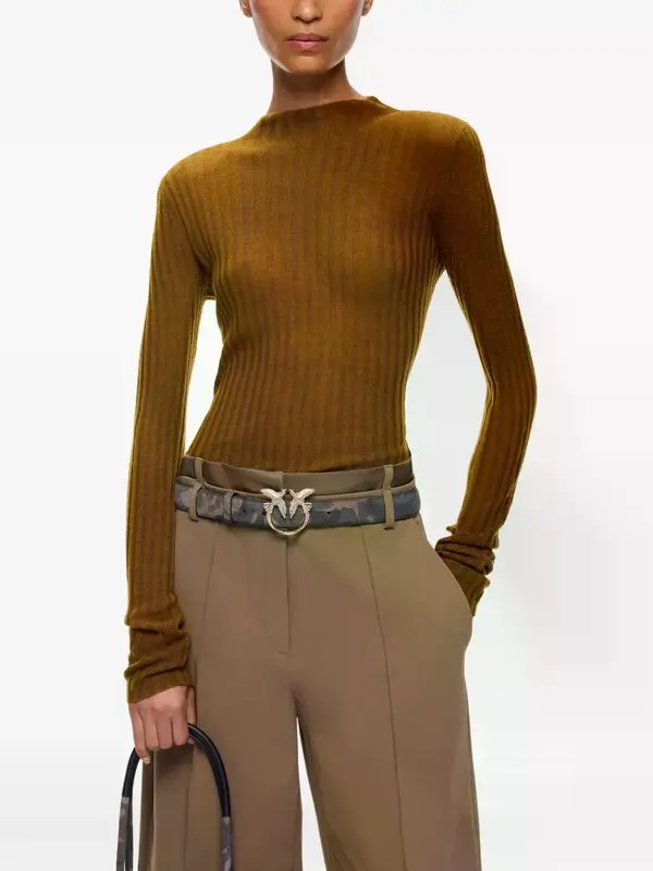 Pinko Ribbed Knit Mock Neck Long Sleeve Top - Brown