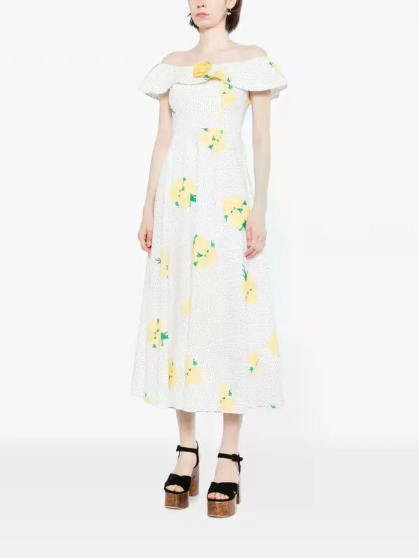 HVN Polka Dot Floral Print Dress With Ruffled Collar