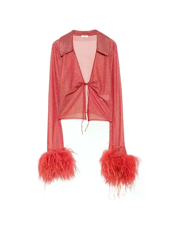Oseree Metallic-thread Feather-trim Cropped Top - Red