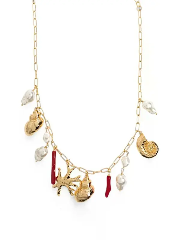 SELF-PORTRAIT Tone Link Chain Charm Necklace With Shell Pendants And Faux Pearls