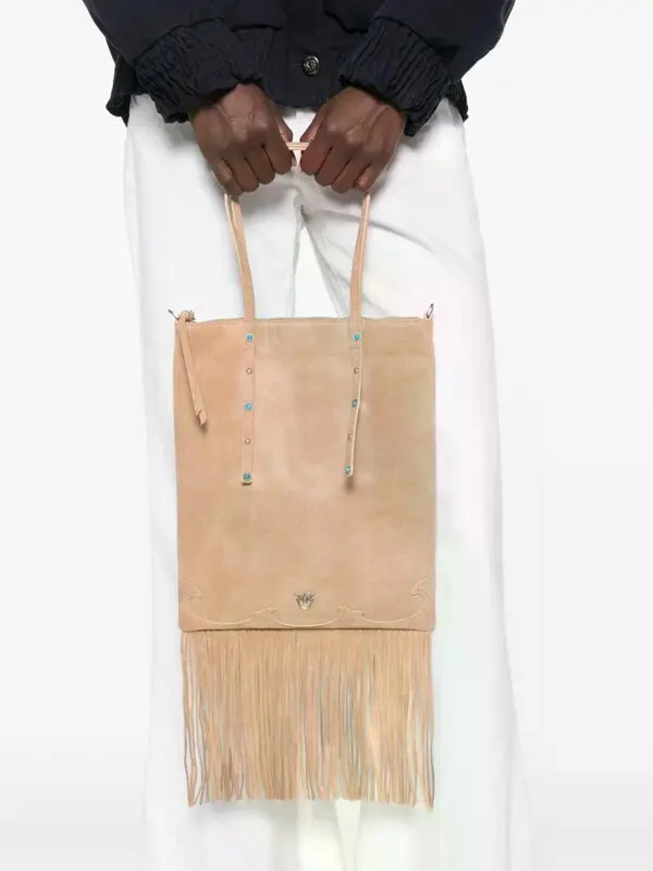 Pinko Mini Fringed Stud-embellished Suede Tote Bag - Neutrals
