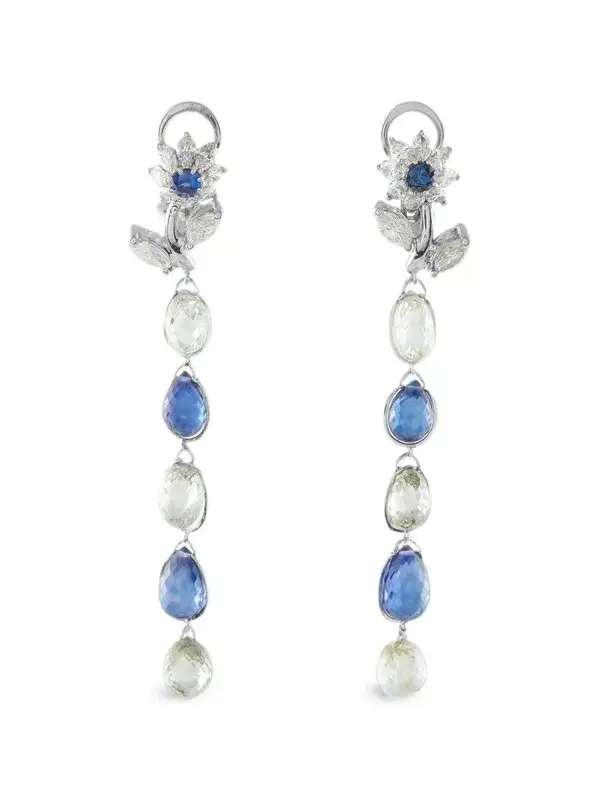 LB EXCLUSIVE Platinum Floral Motif Diamond And Sapphire Drop Earrings - Silver