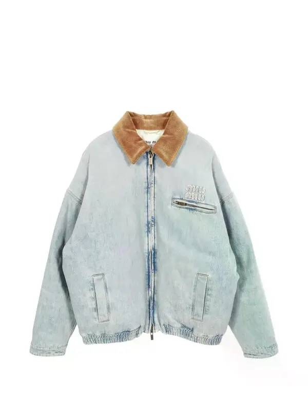 Miu Miu Corduroy Collar Zip Up Denim Jacket - Blue