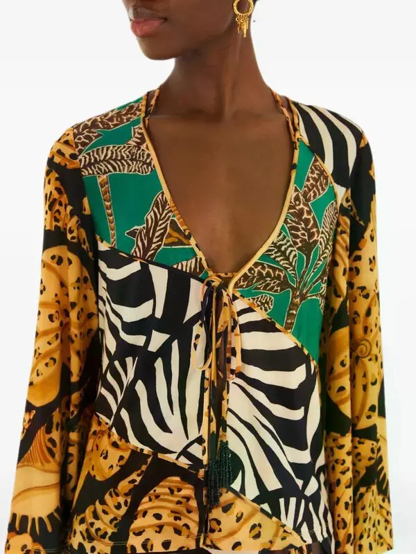 Farm Rio Mixed-print Tie-front Blouse