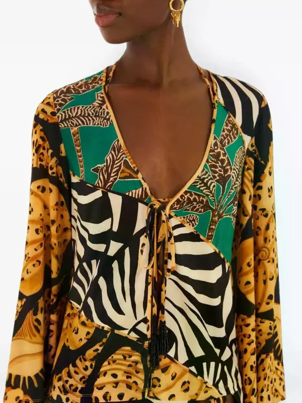Farm Rio Mixed-print Tie-front Blouse