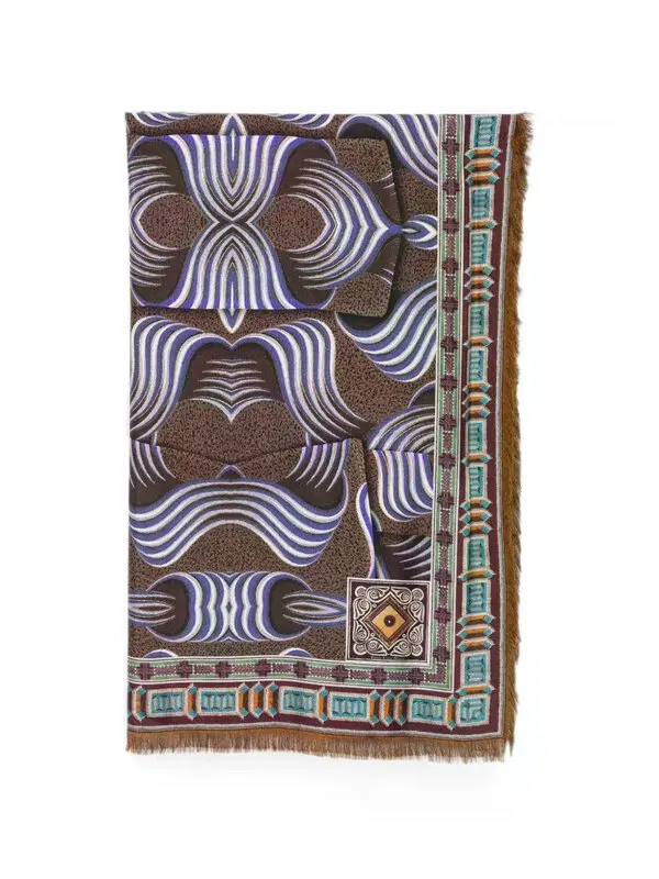 PIERRE-LOUIS MASCIA Abstract-print Frayed-edge Scarf - Brown