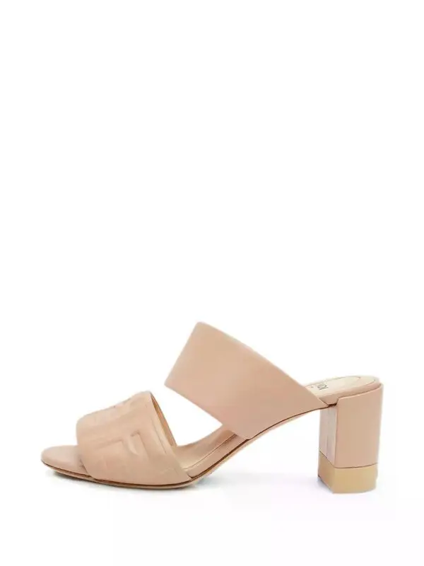 Fendi Beige Leather Ff Motif Block Heel Sandals