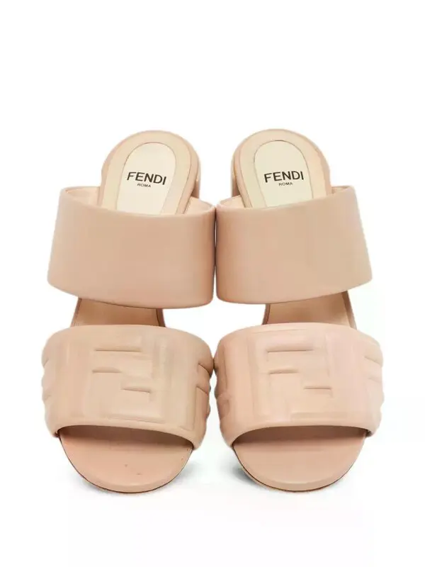 Fendi Beige Leather Ff Motif Block Heel Sandals