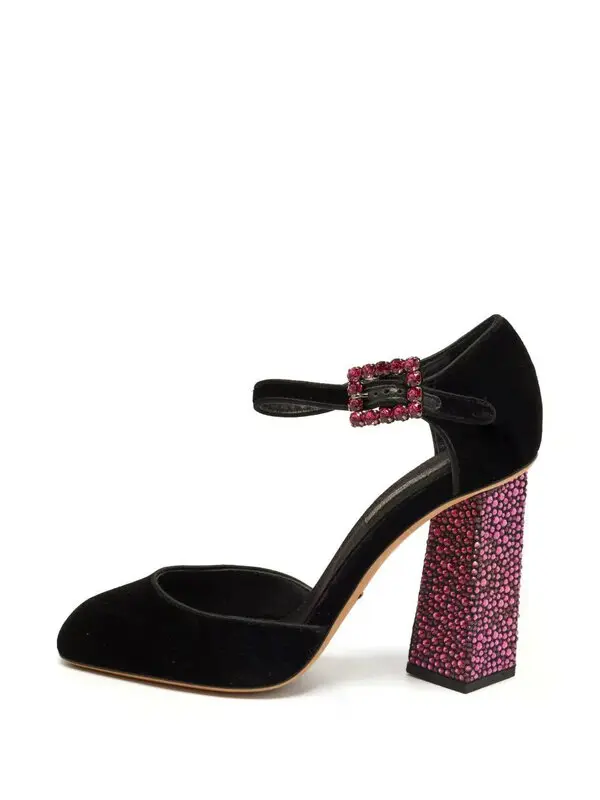 Dolce & Gabbana Embellished Velvet Mary Jane Block Heel Pumps - Black