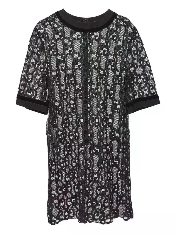 Gucci Lace Gg Logo Dress With Velvet Trim - Black