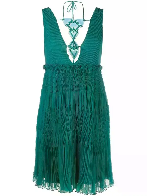 Alberta Ferretti Pleated V-neck Silk Dress - Green
