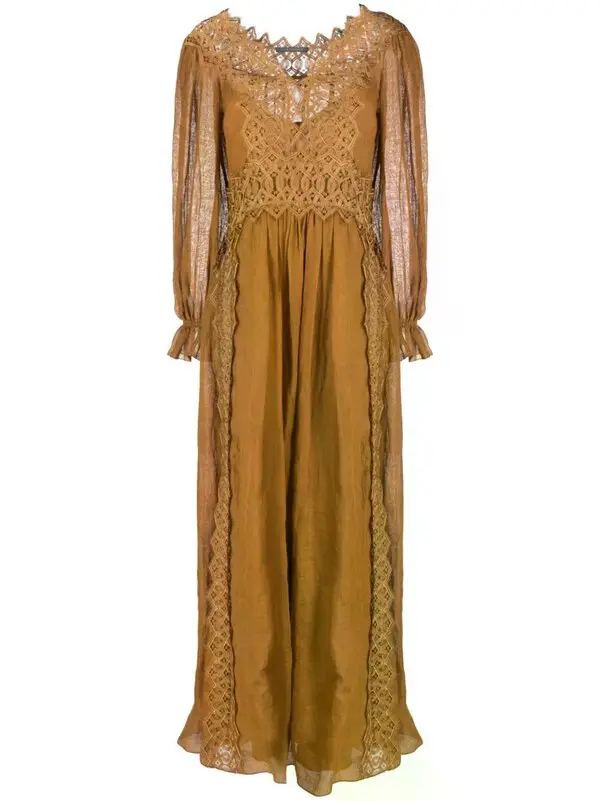 Alberta Ferretti Lace Linen Long Dress - Brown
