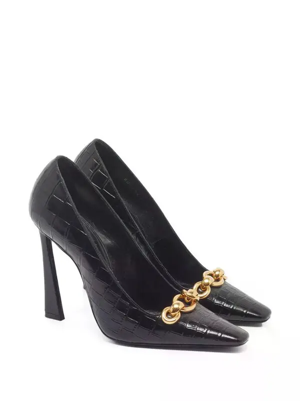 Saint Laurent Silvana Croc-embossed Leather Pumps With Gold-tone Chain Detail - Black