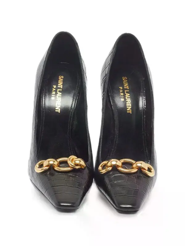 Saint Laurent Silvana Croc-embossed Leather Pumps With Gold-tone Chain Detail - Black