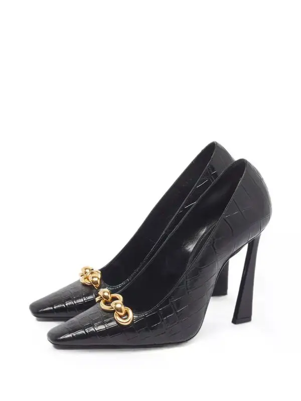 Saint Laurent Silvana Croc-embossed Leather Pumps With Gold-tone Chain Detail - Black