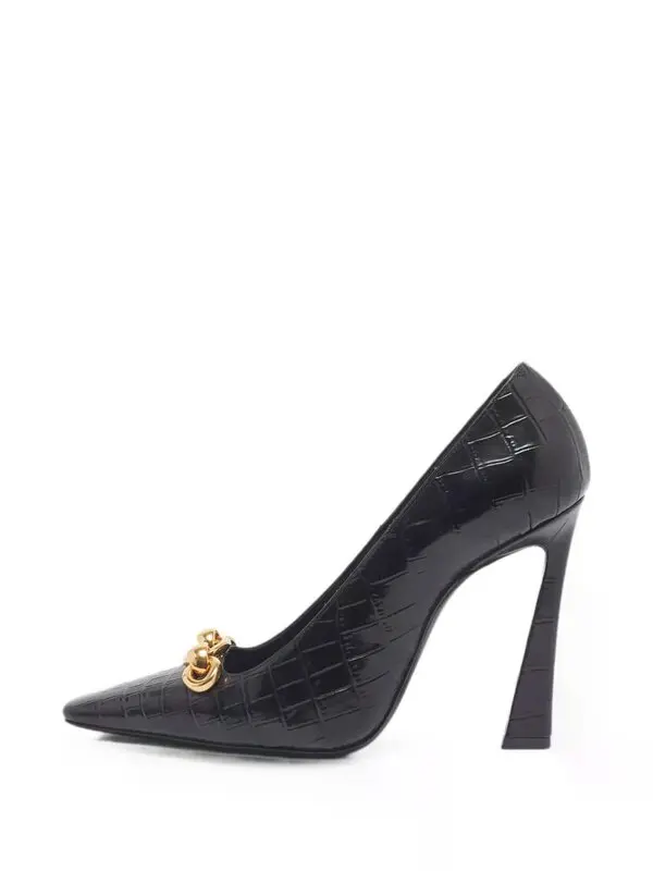 Saint Laurent Silvana Croc-embossed Leather Pumps With Gold-tone Chain Detail - Black