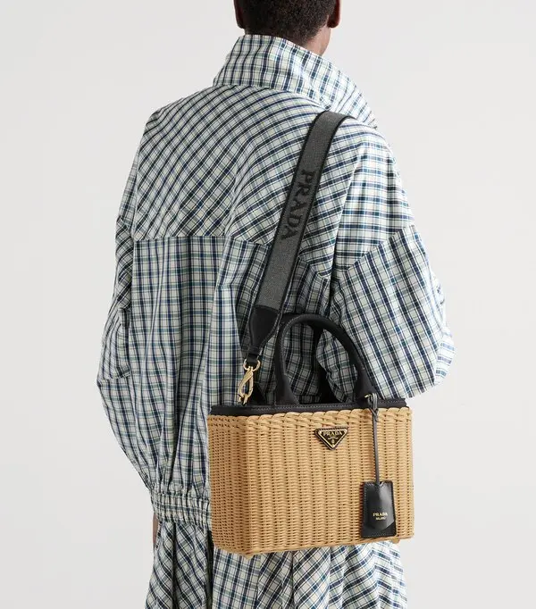 Prada Medium Wicker And Canvas Tote Bag