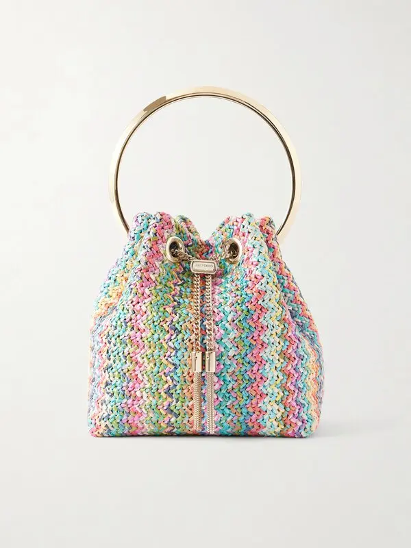 JIMMY CHOO Bon Bon Striped Raffia Bucket Bag - Multi
