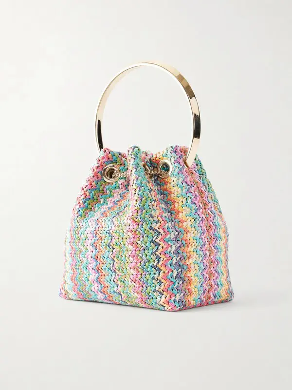 JIMMY CHOO Bon Bon Striped Raffia Bucket Bag