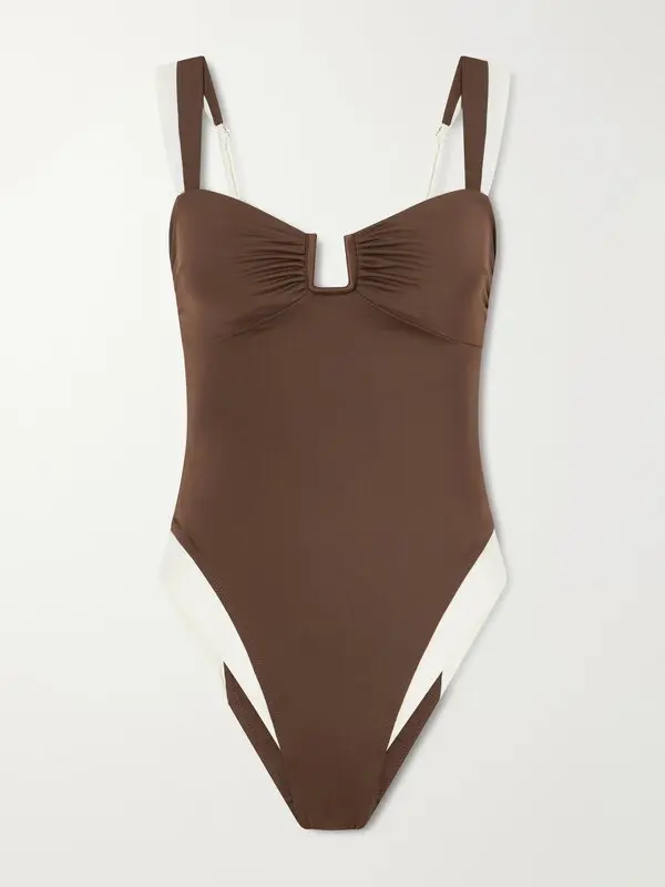 AWAY THAT DAY Cannes Two-tone Gathered Swimsuit - Brown