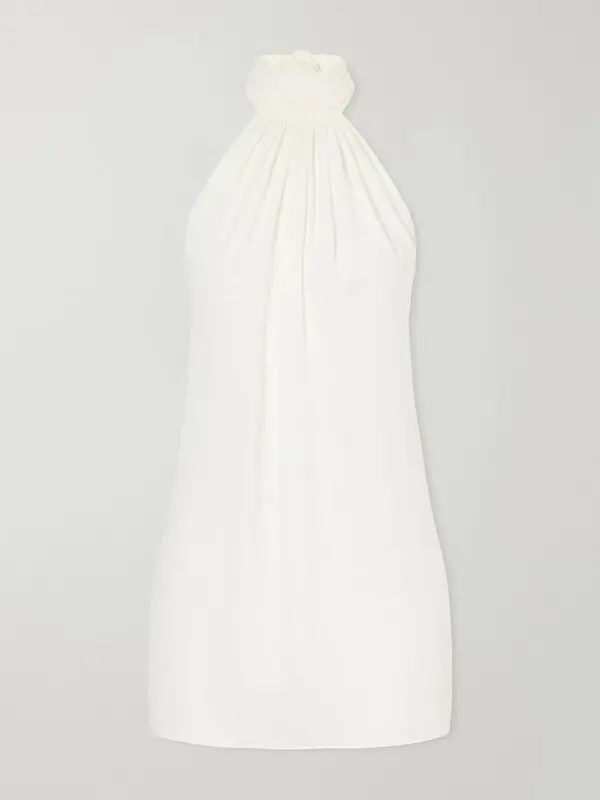 AWAY THAT DAY Ibiza Halterneck Knotted Gathered Crepon Mini Dress - White