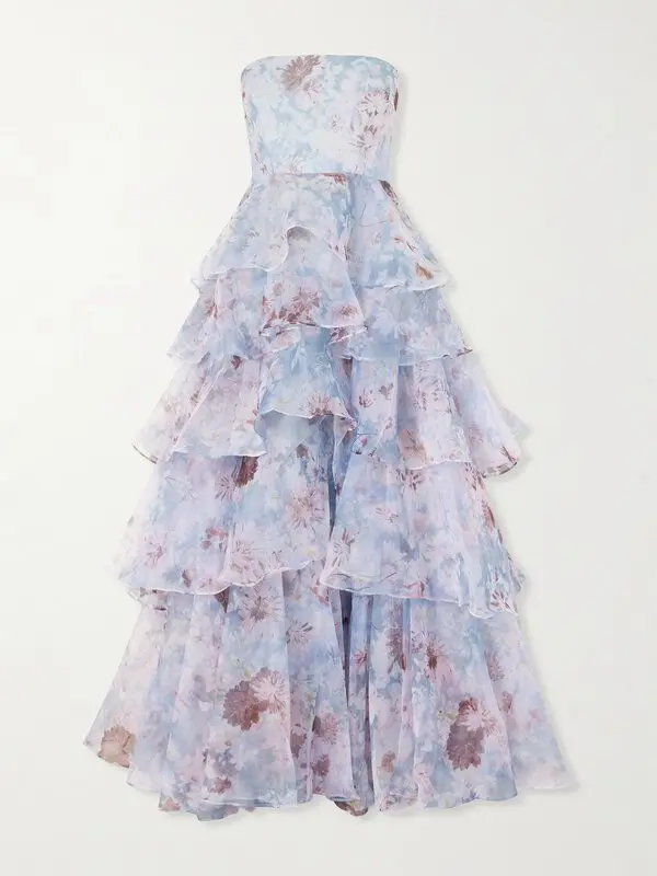 Aje Gabrielle Strapless Tiered Ruffled Floral-print Organza Gown - Purple