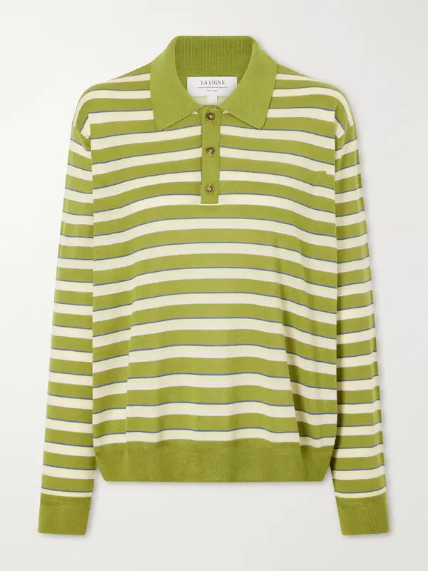 LA LIGNE Ben Striped Silk, Wool And Cashmere-blend Polo Sweater - Green