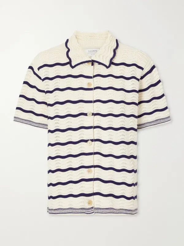 LA LIGNE Striped Pointelle-knit Cotton Button-down Shirt - White