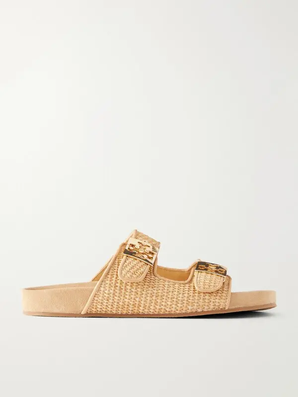 Tory Burch Mellow Embellished Raffia And Leather Sliders - Brown