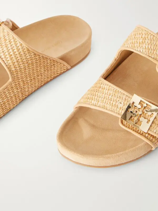 Tory Burch Mellow Embellished Raffia And Leather Sliders - Brown