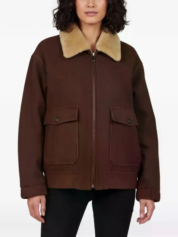 Miu Miu Zip-up Jacket With Embroidered Logo - Brown