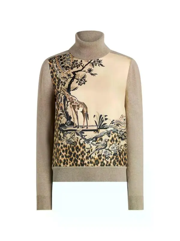 Etro Wool-blend Turtleneck Sweater With Placed Animal And Paisley Print - Neutrals