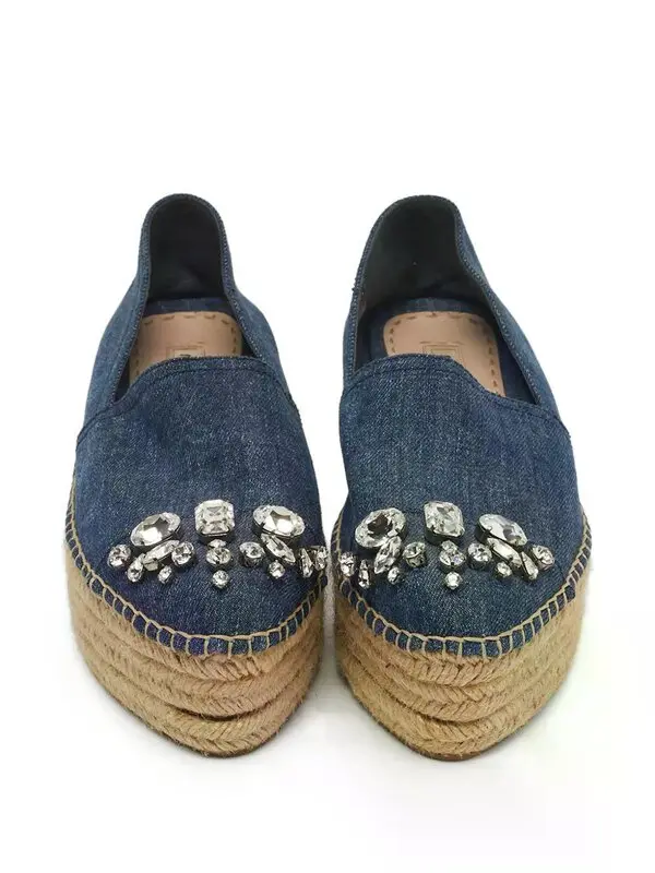 Miu Miu Embellished Denim Espadrille Platform Wedge Shoes