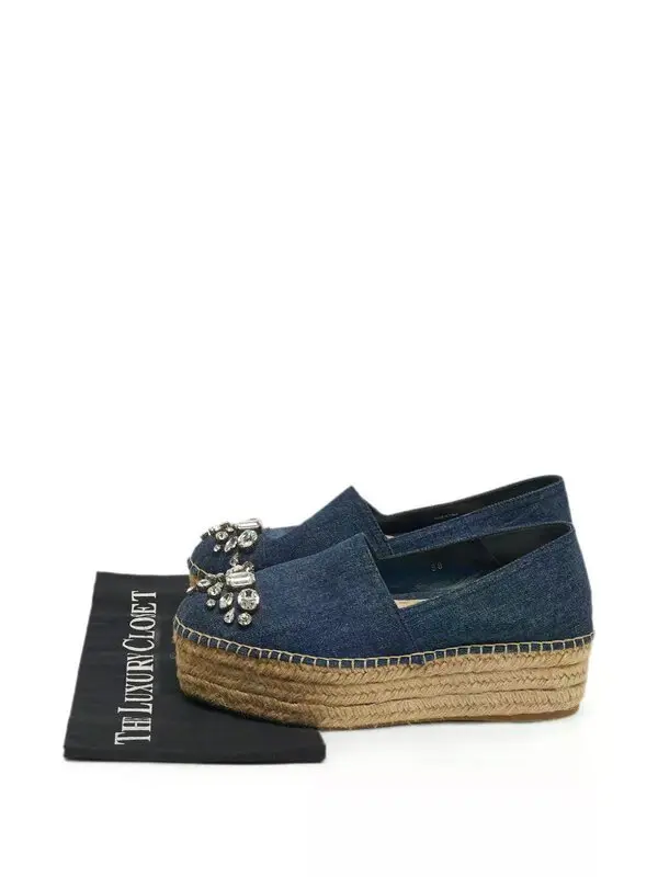 Miu Miu Embellished Denim Espadrille Platform Wedge Shoes