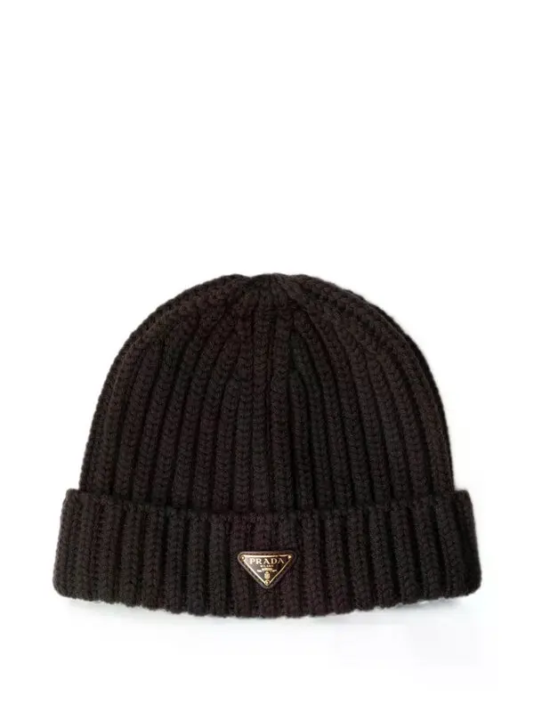 Prada Ribbed Wool Beanie With Enamel Triangle Logo - Brown