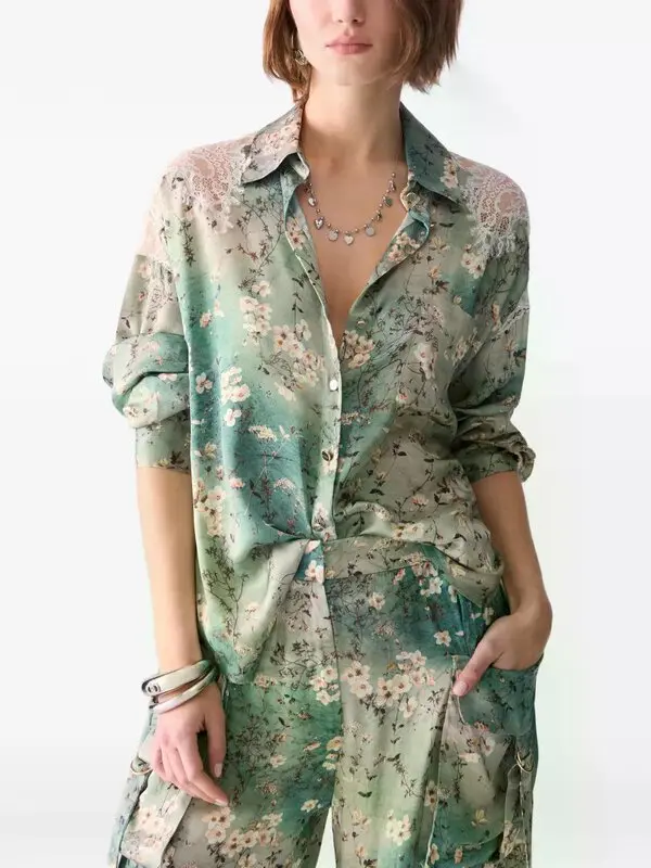 Liu Jo Floral Print Satin Shirt With Lace Inserts