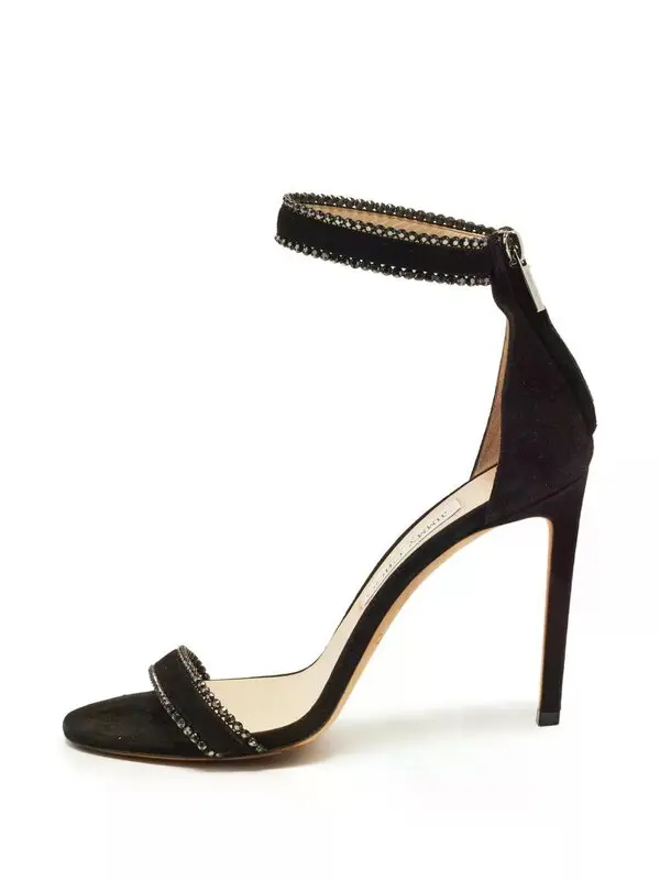 JIMMY CHOO Suede Crystal Embellished Ankle Strap Stiletto Sandals - Black