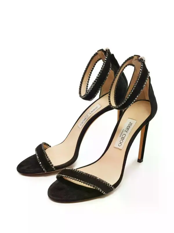JIMMY CHOO Suede Crystal Embellished Ankle Strap Stiletto Sandals