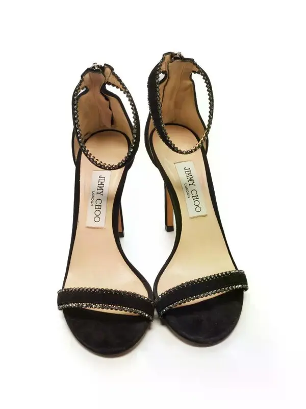 JIMMY CHOO Suede Crystal Embellished Ankle Strap Stiletto Sandals