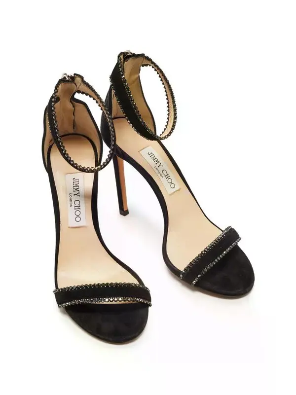 JIMMY CHOO Suede Crystal Embellished Ankle Strap Stiletto Sandals