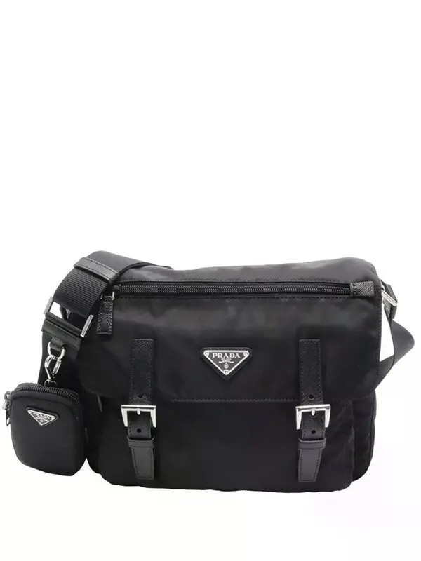 Prada Saffiano Trimmed Tessuto Zip Double Buckle Messenger Bag - Black