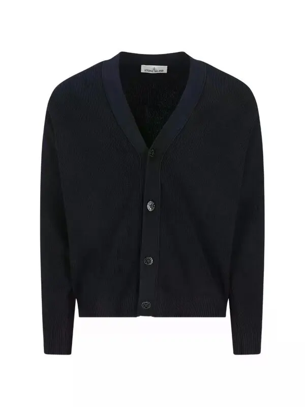 Stone Island Ribbed Knit V-neck Cardigan - Blue