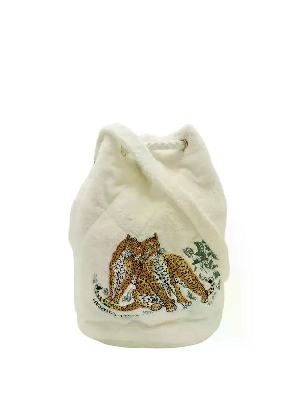 Hermès Leopard Embroidered Cotton Drawstring Bucket Bag - White